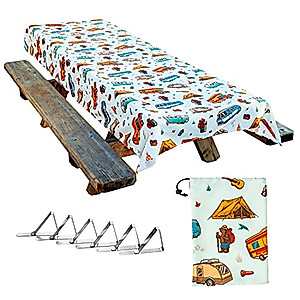 Jolly Camper Vintage Style Camping Tablecloth, Picnic Tablecloth, Fits 4ft to 8ft Picnic Tables, Polyester, Washable & Reusable, Spill & Stain Resistant, Water Repellent, Table Cloth for Picnic Table