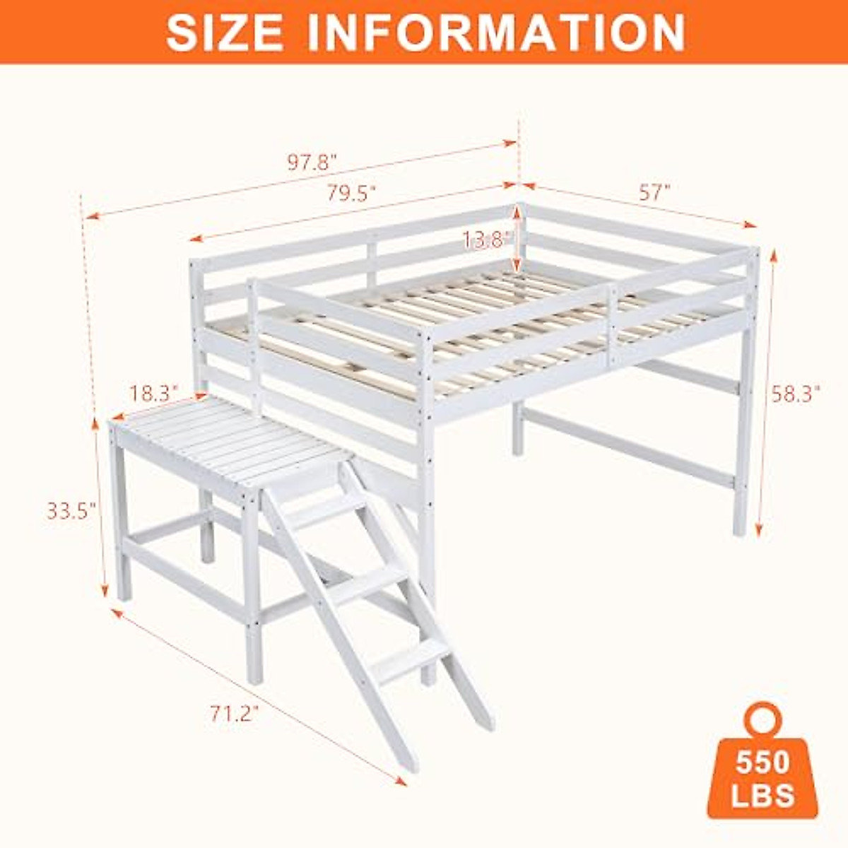 Dolonm Full Loft Bed with Platform, Wooden Low Height Loft Bed Frame with Ladder, Metal Loft Bed Frame for Kids Teens Adults, Full Size for Bedrooms, White
