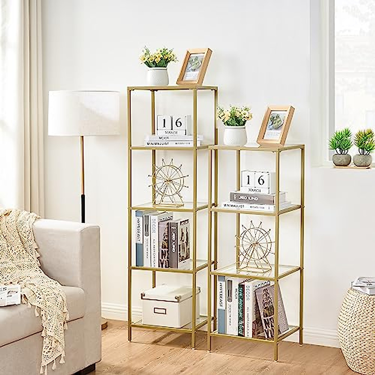 Homhedy 5-Tier Bookshelf,Metal Bookcase,Tempered Glass Shelves,Storage Rack Shelf for Home Office ,Living Room,Bedroom, Bathroom,Modern Style,Golden