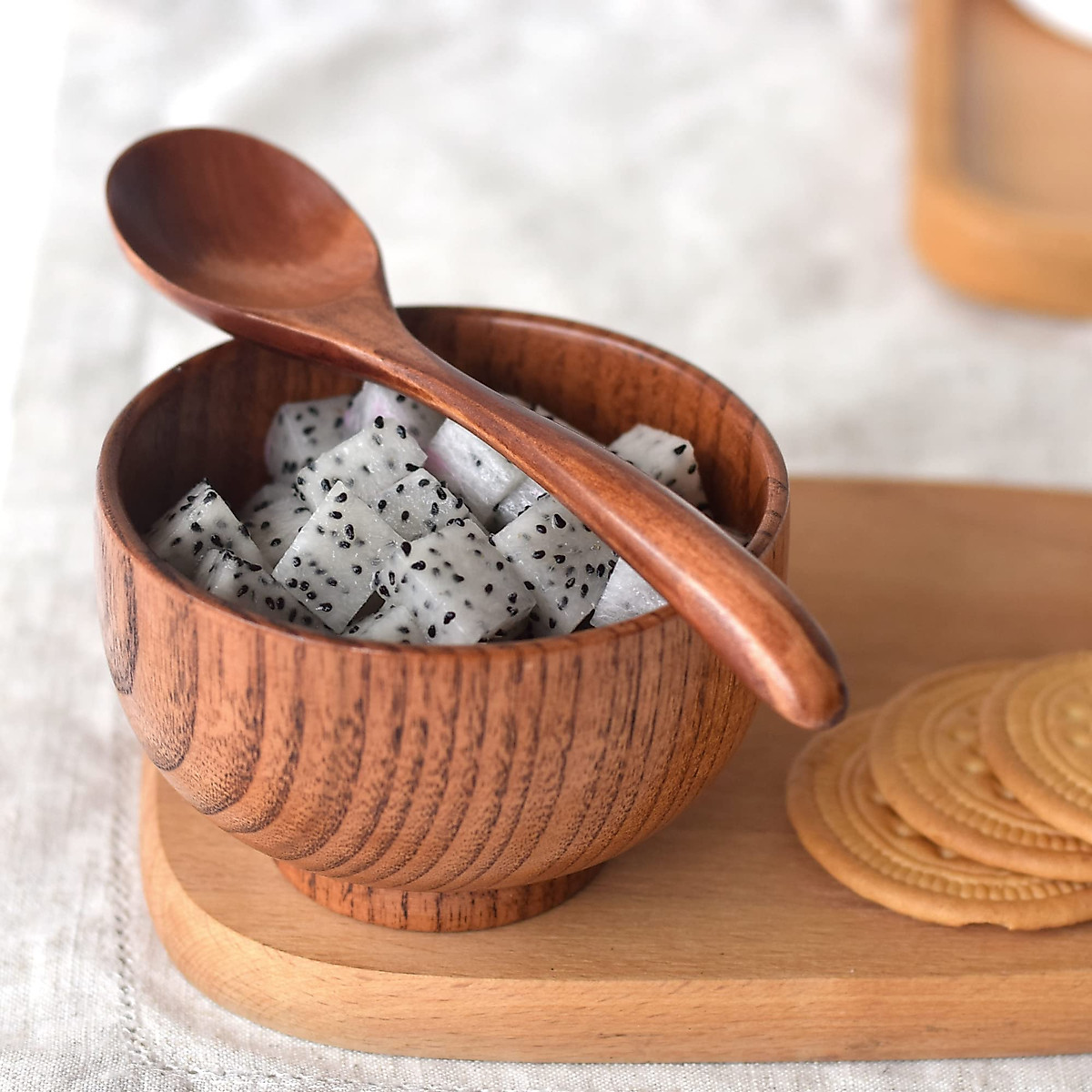 Kanhaom Small Wooden Bowls and Spoons, 10oz. Portion Control Bowls for Snack, Dessert, Japanese Serving Bowls for Rice, Soup, Solid Wood Bowls for Decor (4 Bowls with 4 Spoons - 4.1IN)