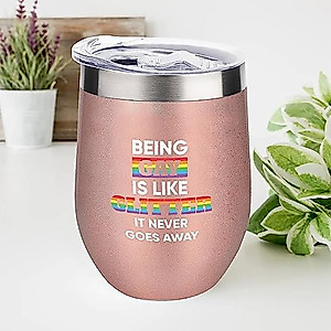 Mighun Being Gay Is Like Never Goes Away Wine Tumbler with Lid, Pansexual Bisexual LGBTQ Vacuum Coffee Tumbler, Gay Pride Stemless Insulated Wine Glasses Cup for Champaign, Cocktail, Beer