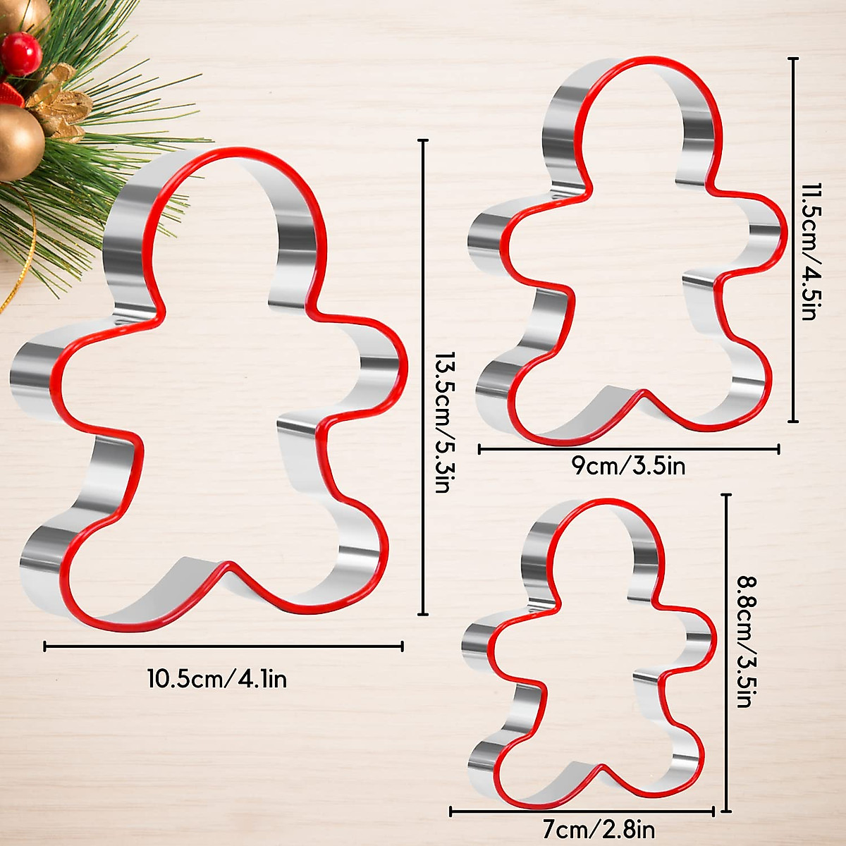 Gingerbread Man Cookie Cutters Set, 3 PCS Gingerbread Man Biscut Cutters Set Stainless Steel Christmas Cookie Cutters with Red Environmental PVC - 5.3/4.5/3.5IN