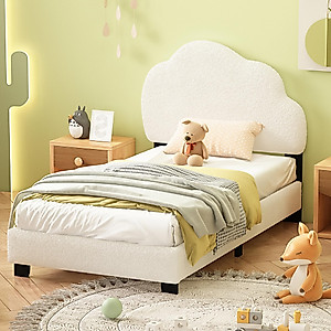 Merax Twin Size Upholstered Platform Bed Frame Boucle Fabric with Cloud-Shaped Headboard for Boys and Girls,White