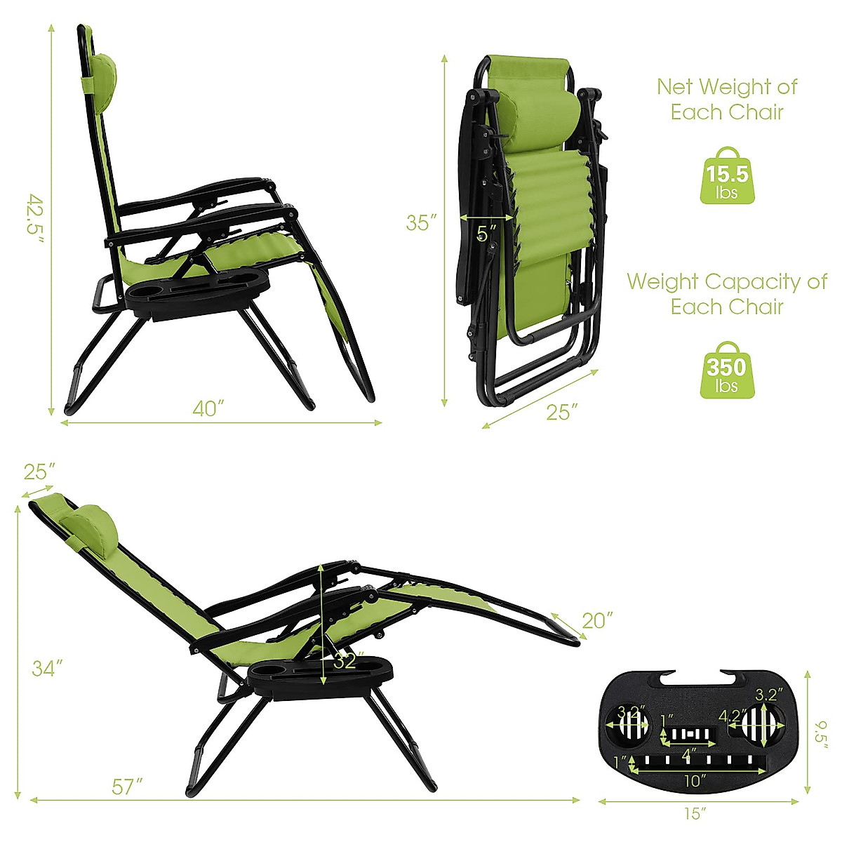 Goplus Zero Gravity Lounge Chairs, 160°Adjustable Folding Recliner w/Pillow and Cup Holder, 350LBS Comfy Outdoor Lounge Chairs for Patio, Lawn, Yard & Camp(1, Green)