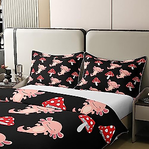 Full Size Comforter Cover Cartoon Pink Axolotl 100% Natural Cotton Bedding Set Cute Red Mushroom Plants Duvet Cover for Bedroom Gifts Lovely Wild Animal Rustic Style Bedding Set 3 PCS