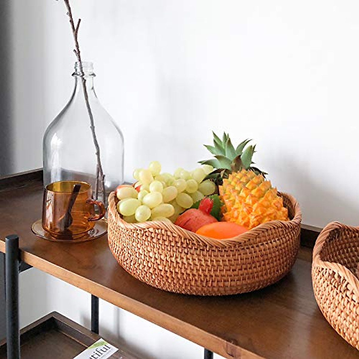 Rattan Round Fruit Baskets, Wicker Storage Bowls, Natural Woven Serving Basket Bowls, Decorative Baskets for Kitchen Counter Organizing, set of 3