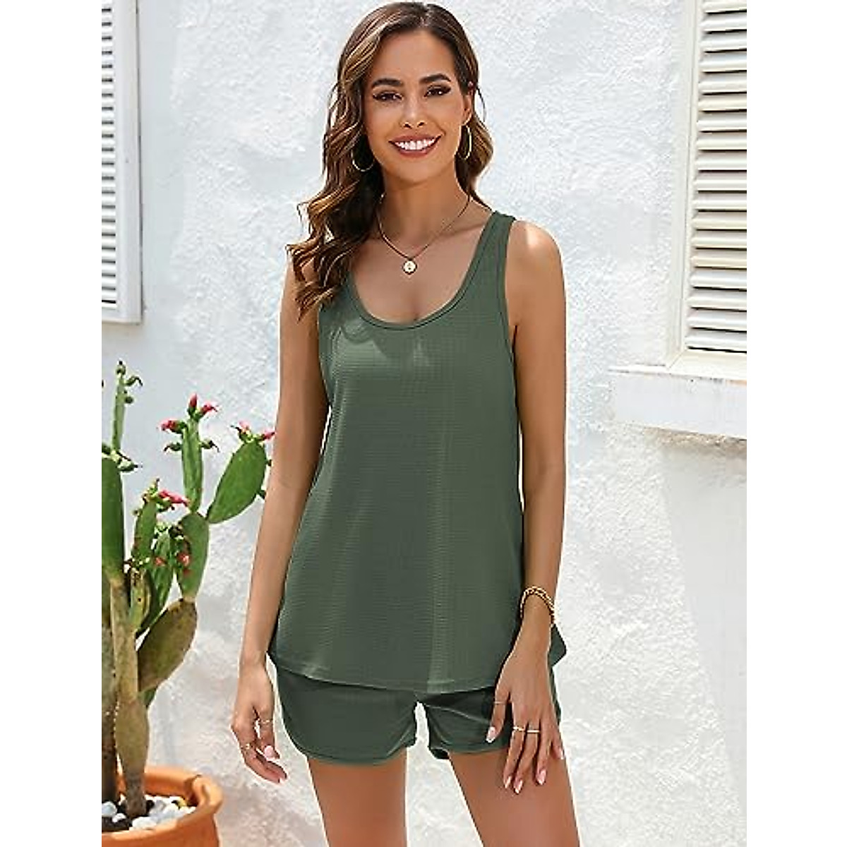 Andeip Womens Pajama Sets Sleeveless Tank Top and Shorts Two Piece Lounge Set Casual Nightwear Set Deep Green XL