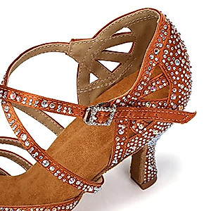 SWDZM Women's Latin Dance Shoes Rhinestone Salsa Chacha Ballroom Performance Practice Dancing Shoes,L357 Bronze 3'' Heel,5 US