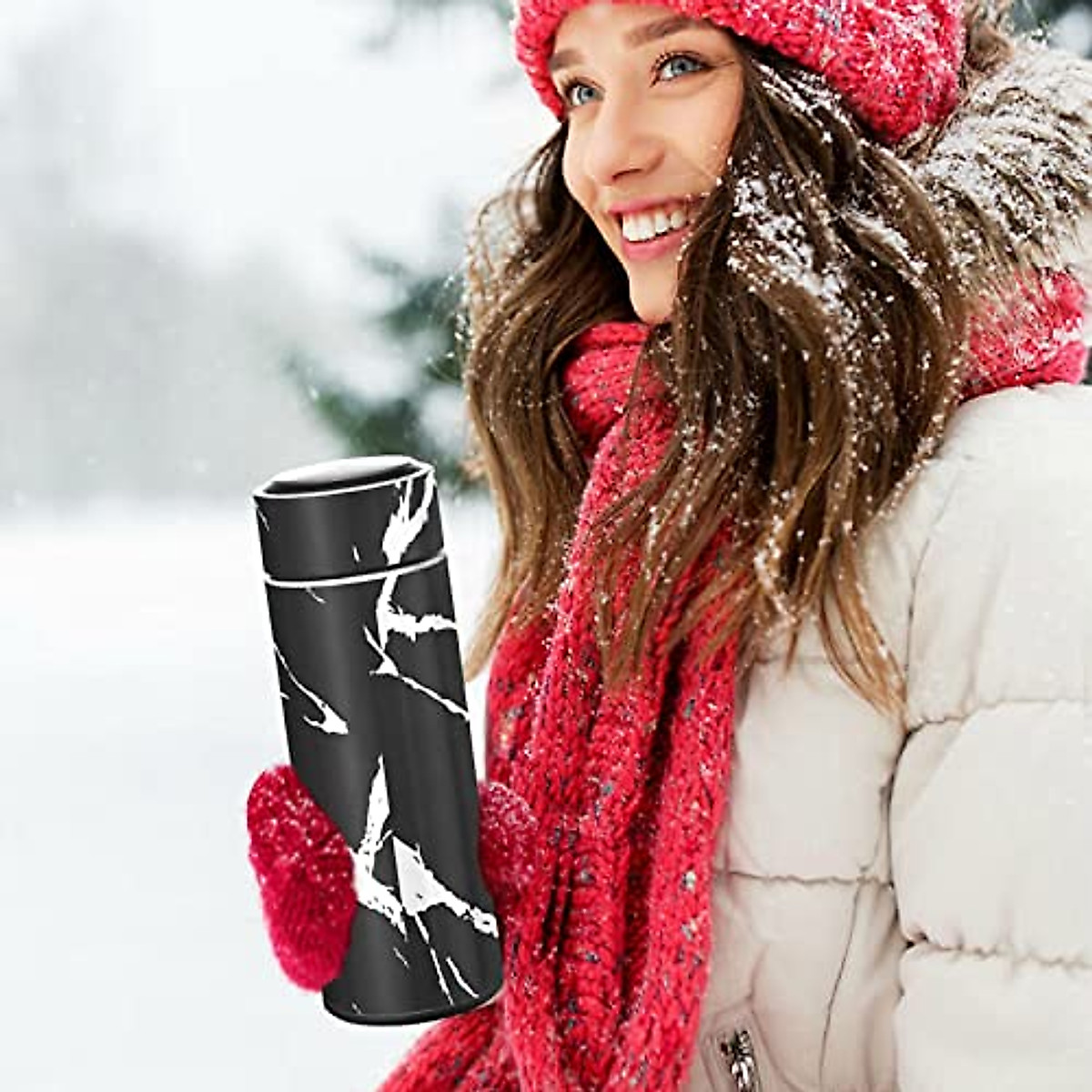 CaTaKu Black Marble White Water Bottle Insulated 16 oz Stainless Steel Flask Thermos Bottle for Coffee Water Drink Reusable Wide Mouth Vacuum Travel Mug