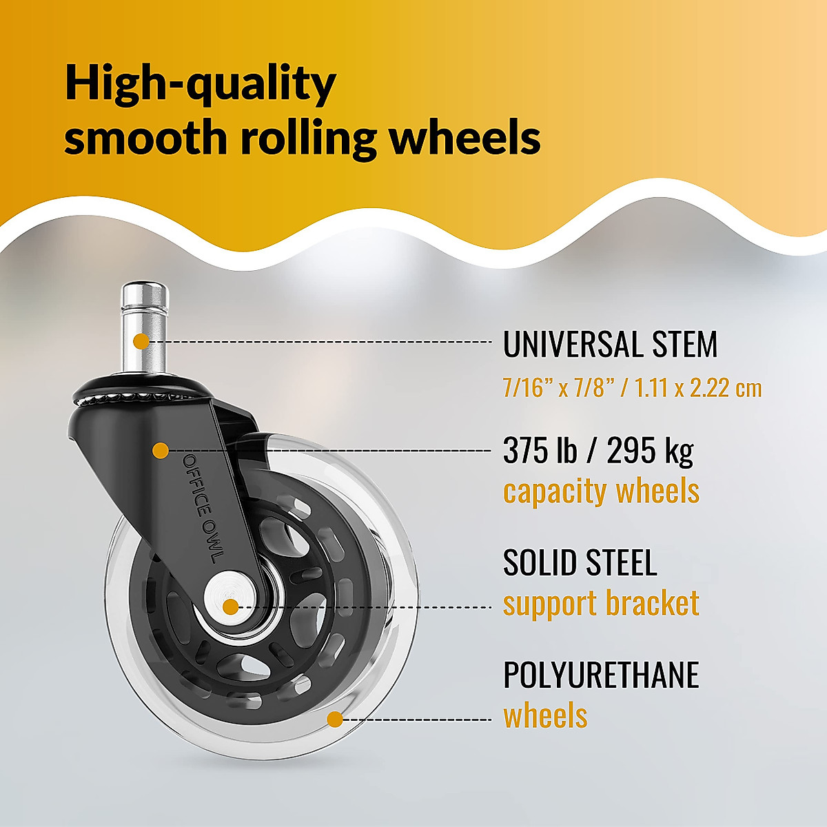 Office Owl Set of 5 Replacement Chair Caster Wheels for Desk & Gaming - Clear - NOT Compatible with IKEA Chairs