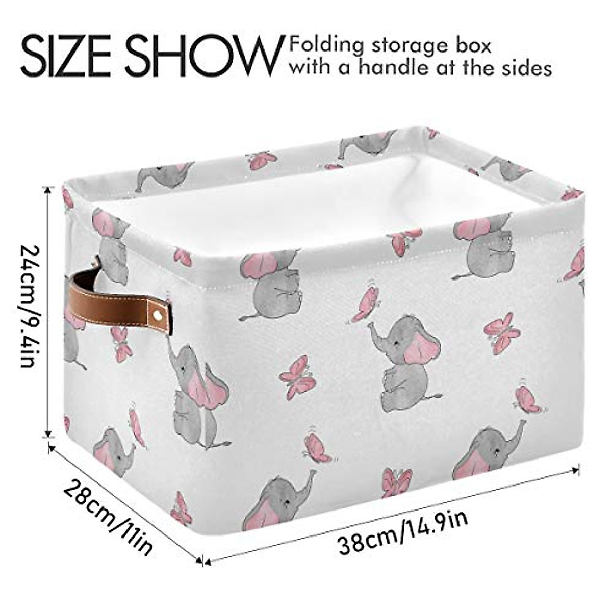 AGONA Large Foldable Storage Bin Cute Elephants Pink Butterflies Storage Bins Collapsible Decorative Fabric Storage Baskets with Leather Handles for Home Closet Bedroom Organizer Nursery 1 Pack