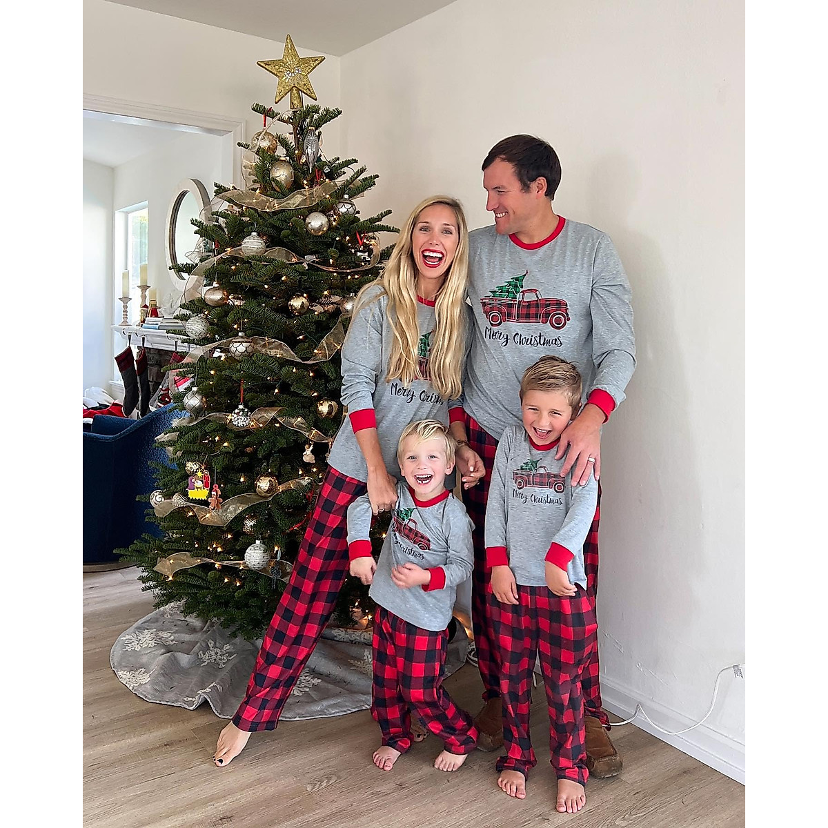 IFFEI Matching Family Pajamas Sets Christmas PJ's Sleepwear Truck Print Top and Plaid Pants with Pocket Women: L