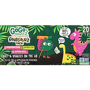 GoGo squeeZ Fruit & veggieZ Variety Pack, Jurassic Pear, Roarrrr Berry & Prehistoric Peach, 3.2 oz (Pack of 20), Unsweetened Snacks for Kids, No Gluten, Nut & Dairy, Recloseable Cap, BPA Free Pouches