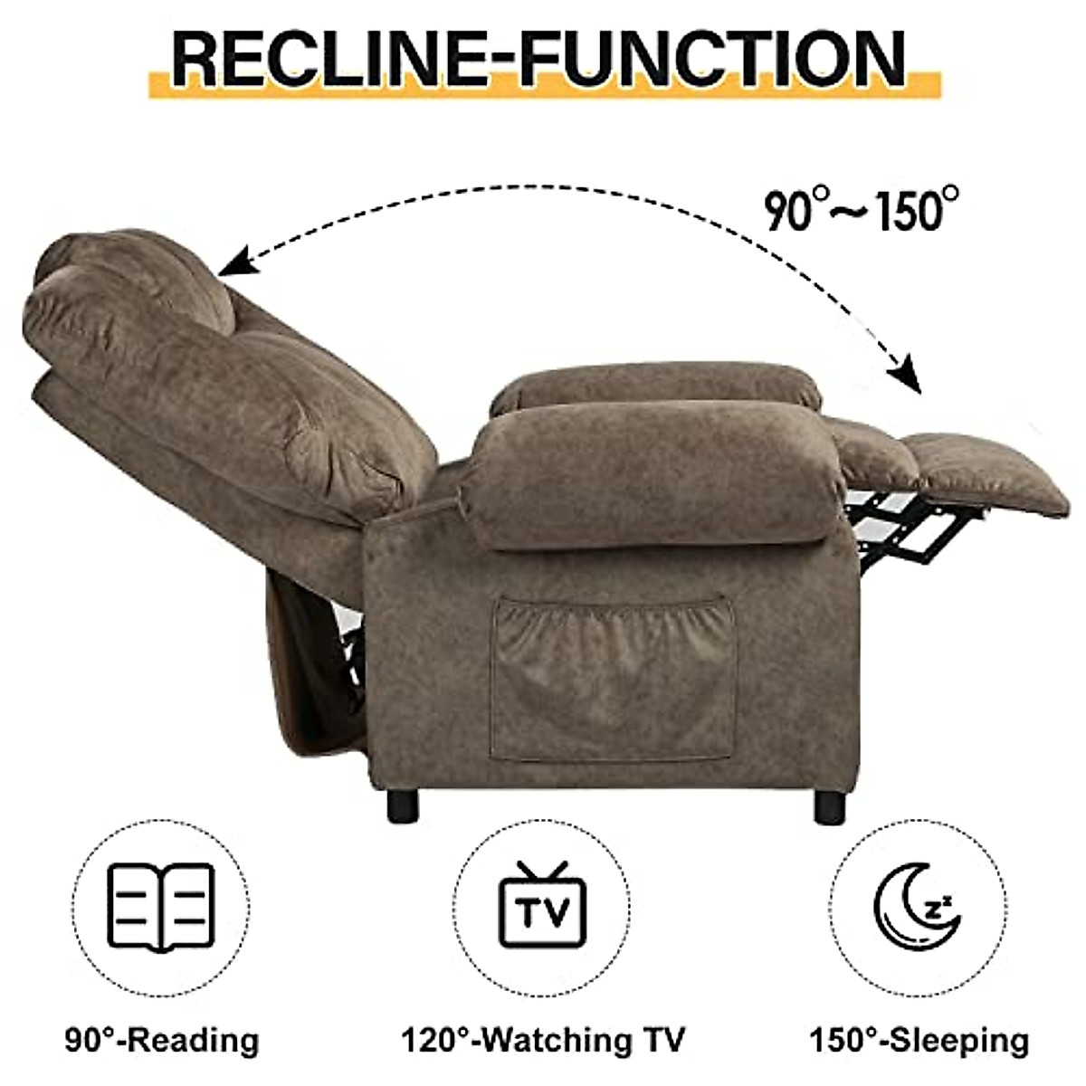 KCREAM Recliner Chair Massage Heated Fabric Overstuffed Ergonomic Lounge Chair for Living Room Single Sofa Chair Padded Seat with 2 Side Pockets, Vibration Function Reclining Chair (Brown)