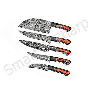 Custom Handmade Damascus Chef Knives Set/Kitchen Knives 5 Pieces Set SS-17211 (Orange and Black Color Wood)