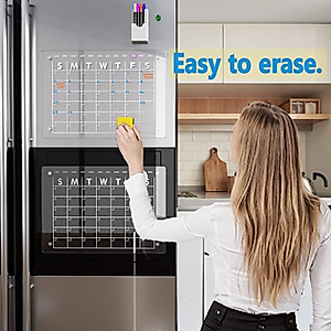 Magnetic Acrylic Calendar for Fridge 17"x12" Clear Dry Erase Calendar Board for Refrigerator Includes 4 Dry Erase Markers and Eraser