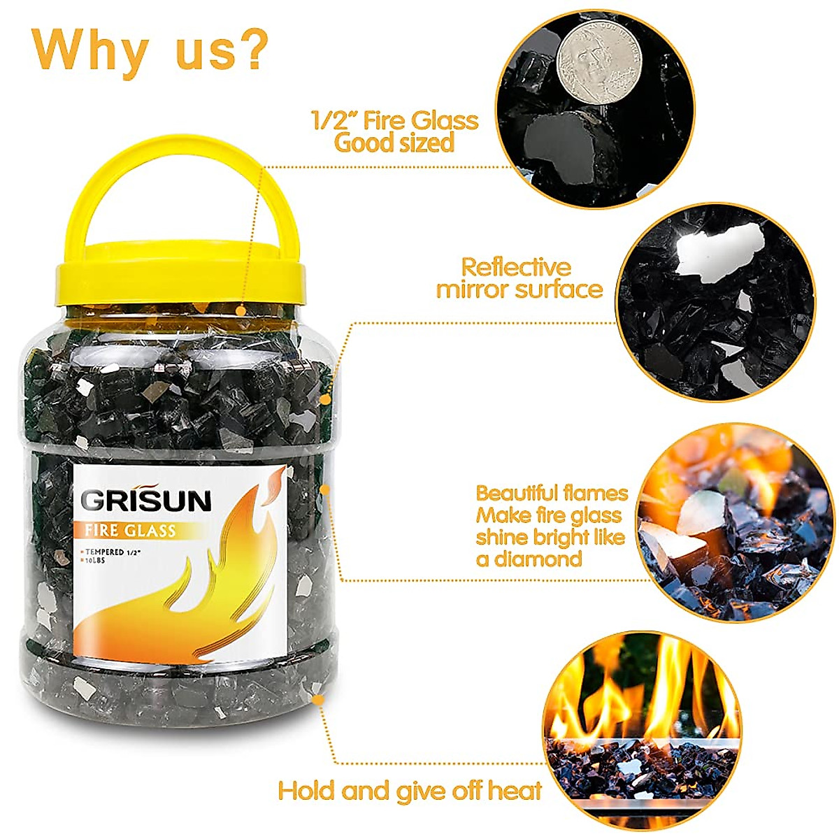 Grisun Fire Glass with Drop-in Fire Pit Kit 18 x 18 Inch, Round Burner with Tray, Come with Upgraded Spark Ignition Kit for Gas Fire Pit, Fire Table