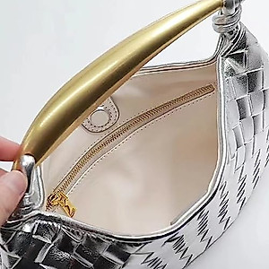 FEOFFS Woven Leather Hobe Dumpling Bag Dinner Handbag For Women Purse Hobo Bag Knotted Woven Summer Clutch Bag (Silver)