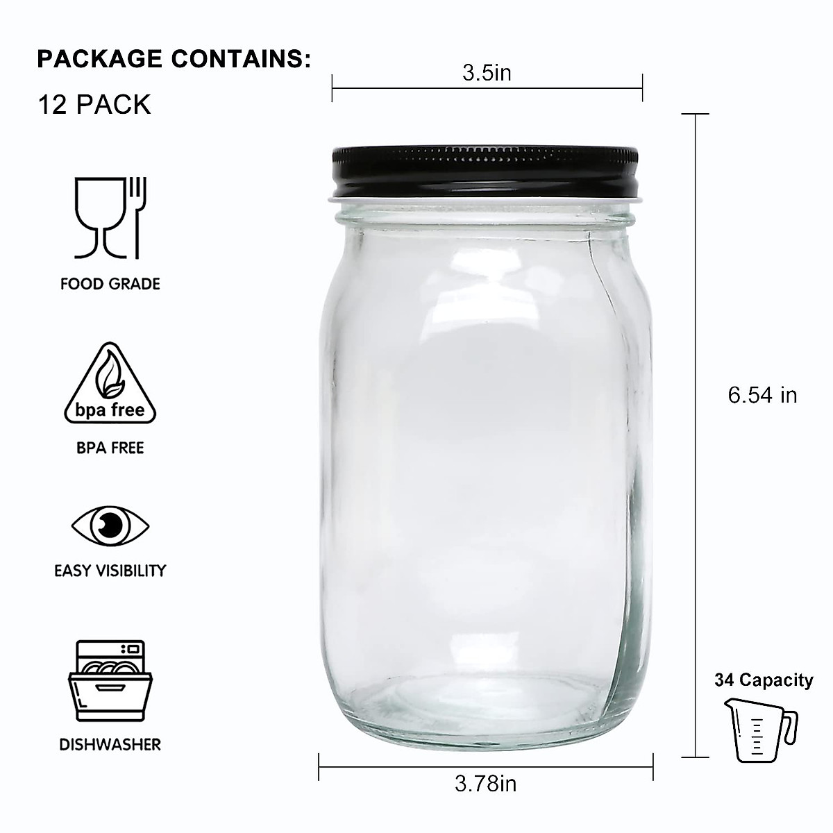 QAPPDA 32 OZ Glass Jars with Lids Set of 12,Clear Wide Mouth 1000ML Glass Mason Jar with Airtight Lid,Durable Glass Food Storage Canning Jars for Pickles,Jams,Preserving
