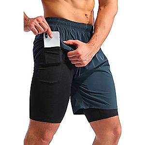 Pudolla Men’s 2 in 1 Running Shorts 7" Quick Dry Gym Athletic Workout Shorts for Men with Phone Pockets(Navy Blue Large)