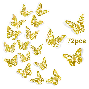 InsuWood 72 Pcs 3D Butterfly Wall Decor Stickers, 3 Styles 3 Sizes Gold Butterfly Decorations for Butterfly Party Birthday Cake Decorations, Flower Bouquet Butterflies for Wedding Room Decor