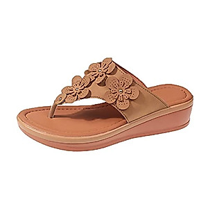 Ladies Fashion Summer Leather Flower Decorative Clip Toe Slope Heel Slippers Womens Summer Sandals Under 10 (Brown, 8)