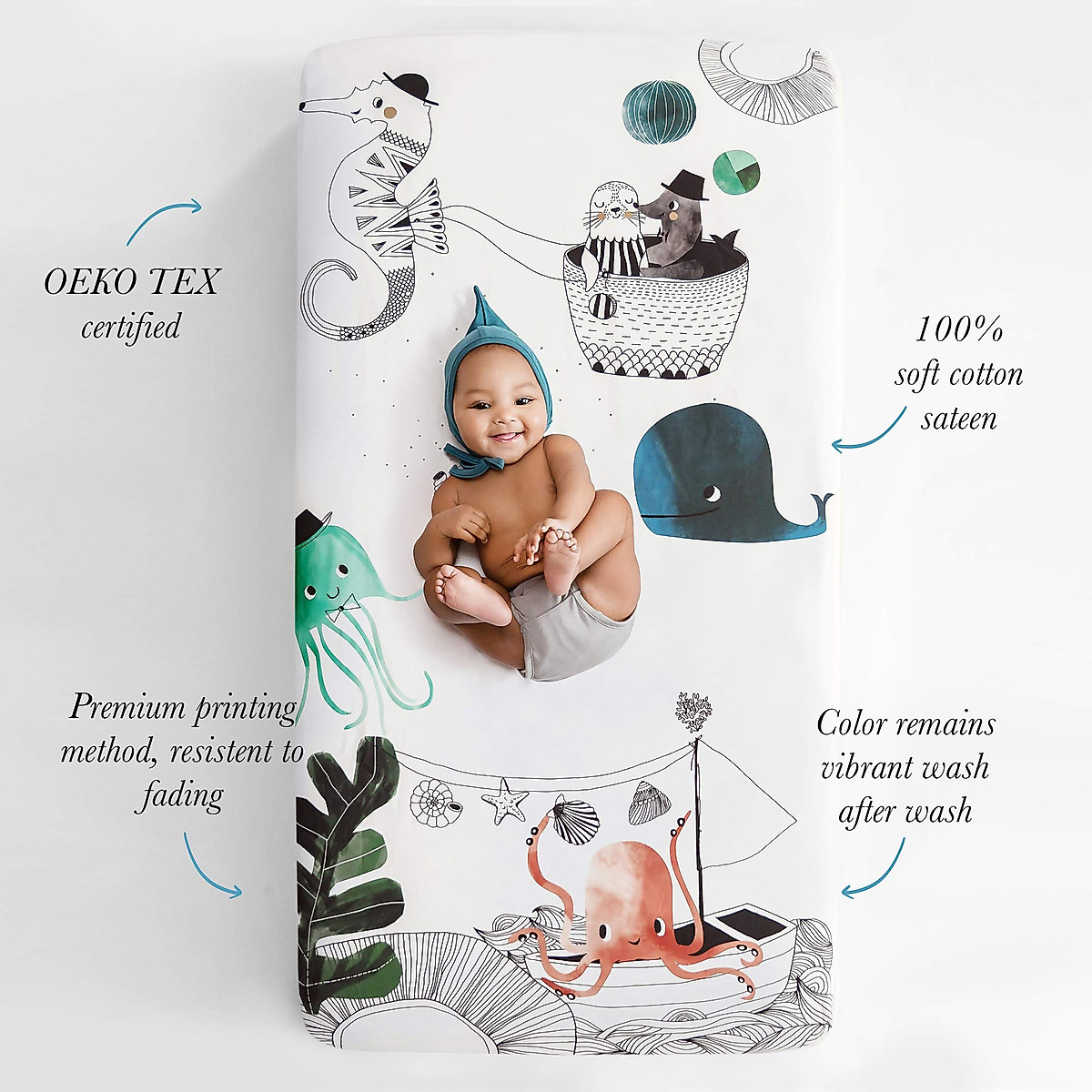 Rookie Humans 100% Cotton Sateen Fitted Crib Sheet: Underwater Love. Modern Nursery, Use as a Photo Background for Your Baby Pictures. Standard Crib Size (52 x 28 inches) Ocean Themed Baby Crib Sheet