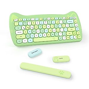 SELORSS Kawaii Wireless Bluetooth Cute Cat Keyboard,Mini Portable 84-Key Retro Round Keycaps,Quiet Click for Typewriter, Home and Office,Compatible with PC/Mac/Notebook/Laptop/Ipad Air(Green Colorful)