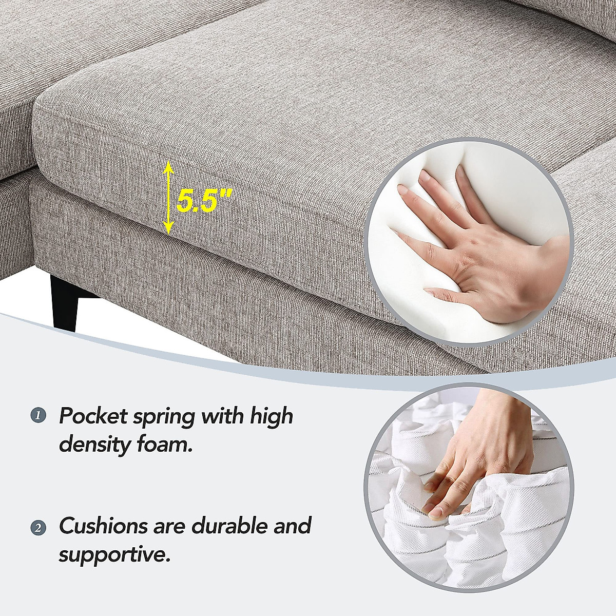 Prohon 86" L Shaped Modern Chenille Convertible Sectional Reversible Chaise Lounge and 2 Round Pillows, 4-Seat Couches Upholstered Small Space Sofas for Living Room, Apartment,Camel