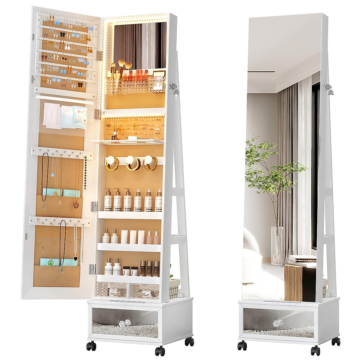 Vlsrka 360° Swivel Jewelry Mirror Cabinet with Lights, Standing Jewelry Armoire Organizer Rotatable Full Length Mirror with Jewelry Storage, Lockable with Rear Storage Shelves, Built-in Makeup Mirror