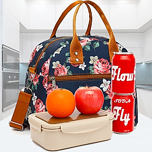 FlowFly Insulated Lunch Bag With Shoulder Strap for Women, Men, and Kids, Large and Reusable, Handle, Freezable Work and School Travel Tote and Meal Prep Organizer,Peony