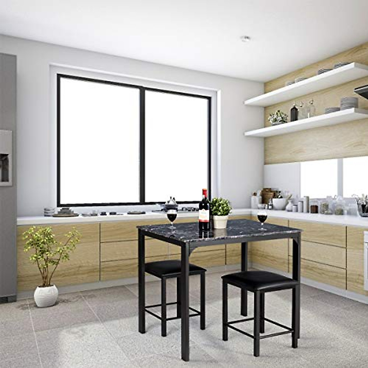 Giantex 3 Pcs Dining Table and Chairs Set with Faux Marble Tabletop 2 Chairs Contemporary Dining Table Set for Home or Hotel Dining Room, Kitchen or Bar (Black)