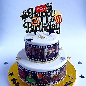 1 PCS Movie Night Cake Topper Happy Birthday Sign Cake Pick Decorations for Theater Video Recorder Roll Camera Popcorn Hollywood Theme Family Film Baby Shower Birthday Party Supplies