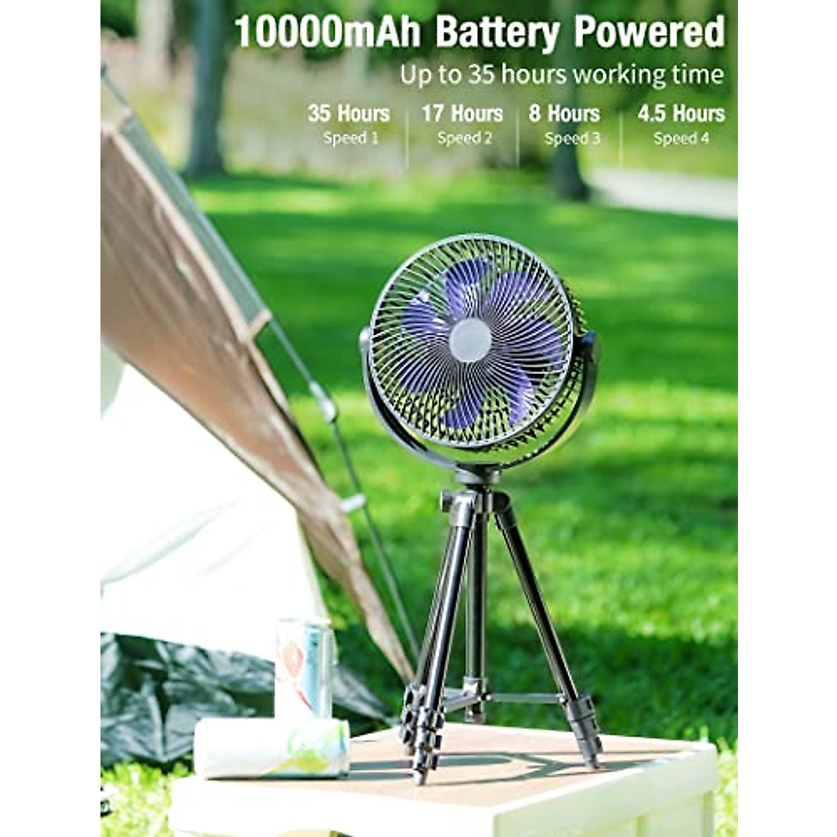 Koonie Standing Fan, 10000mAh Portable Rechargeable 8'' Battery Powered Pedestal Fan with Tent Hook 37Hours Working Time Adjustable Tripod 4 Speeds Fan for Bedroom Travel Fishing Beach Camping