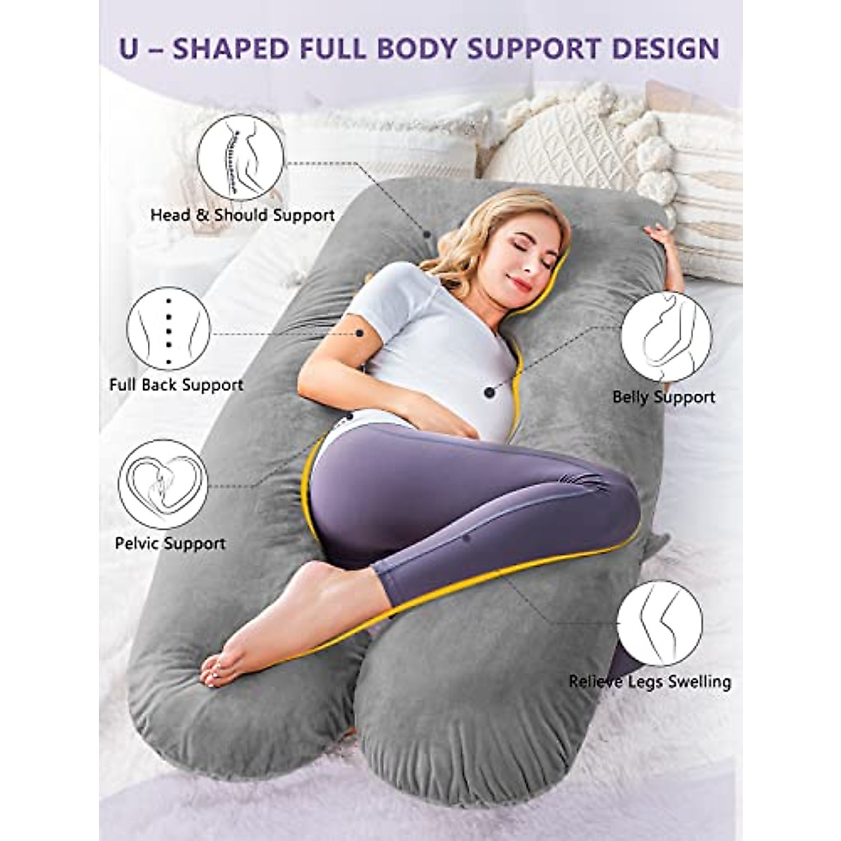 Meiz Pregnancy Pillow, U Shaped Pregnancy Body Pillow with Zipper Removable Cover (Gray- Velvet)