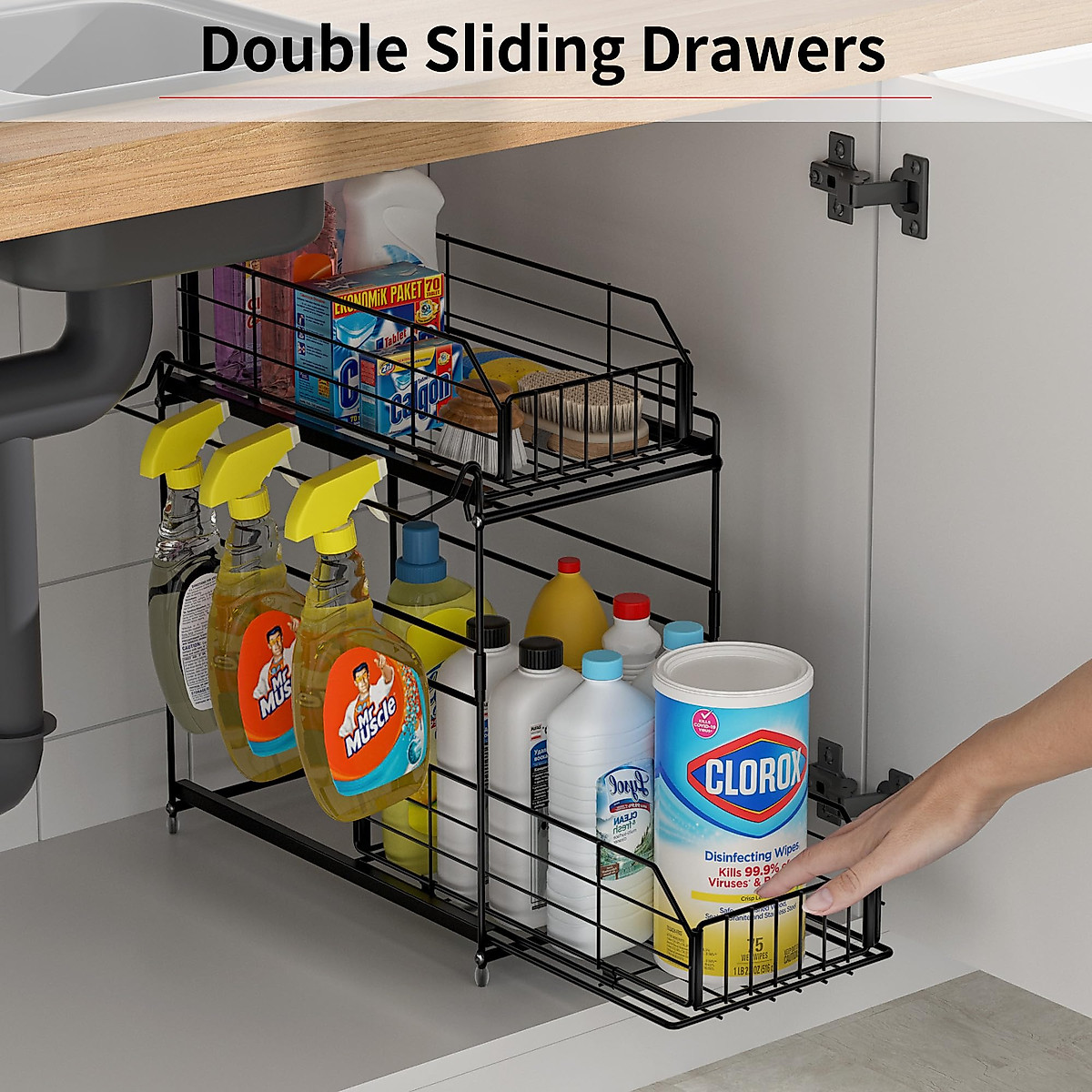 SUEH DESIGN Under Sink Organizers and Storage, 2 Tier Pull Out Cabinet Organizer Sliding Under Sink Storage Shelf with Hanging Rail for Kitchen Bathroom Cabinet Storage, 1 Pack