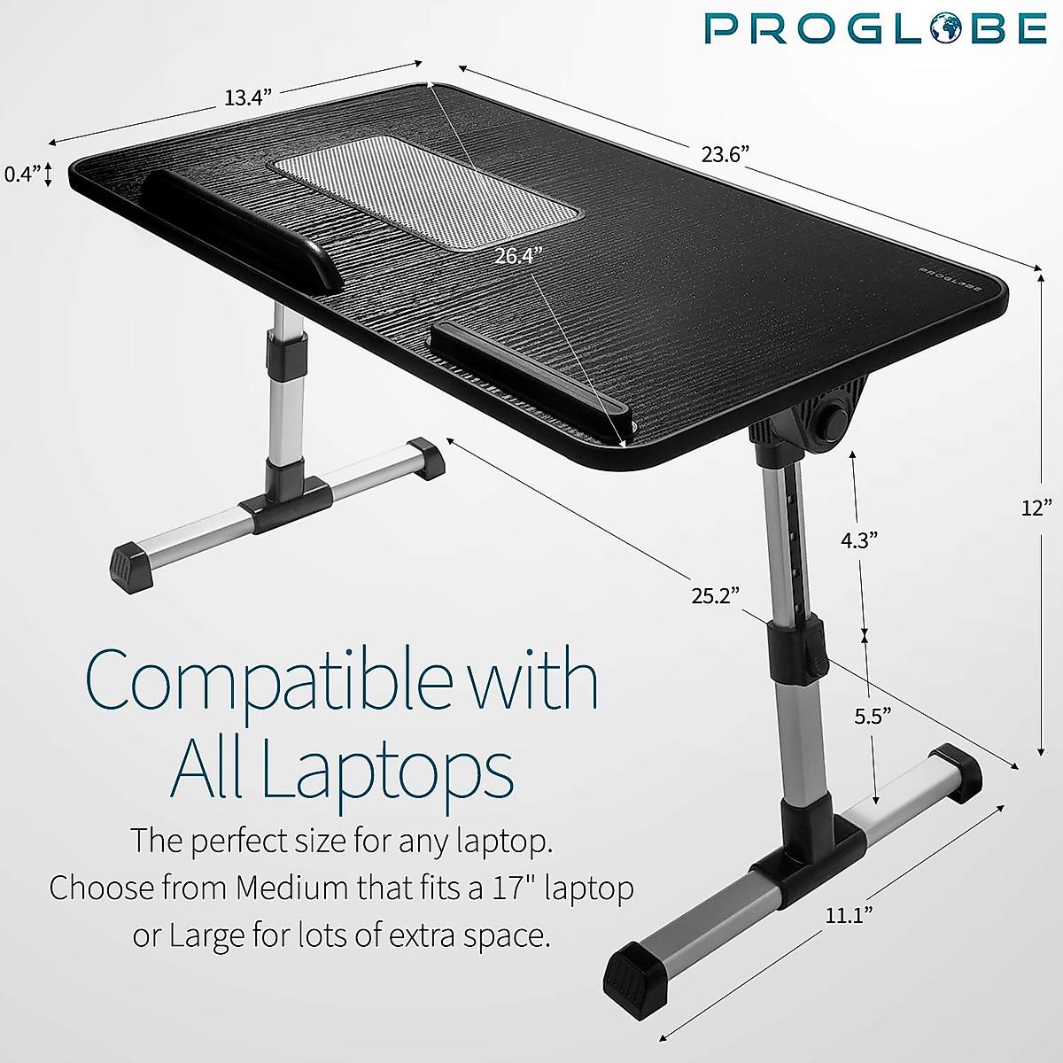Large Laptop Stand for Bed with Fan, Proglobe Lap Desk for Laptop, Laptop Stand with Adjustable Height, Tray for Eating and Laptops, Foldable & Portable, Work from Home Accessories (Black, 23X13)