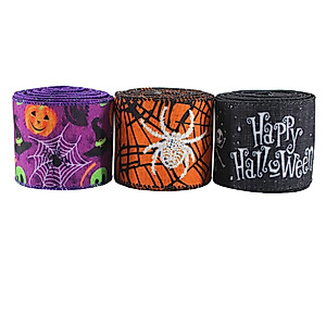 3 Rolls 15 Yards Halloween Ribbon Wired Edge Ribbons 2.5 inchSpider Web Skull Pumpkin Ribbons ，Purple Orange Black Burlap Ribbon ，for Wreath Home Party DIY Craft Floral Bow Decoration Supplies