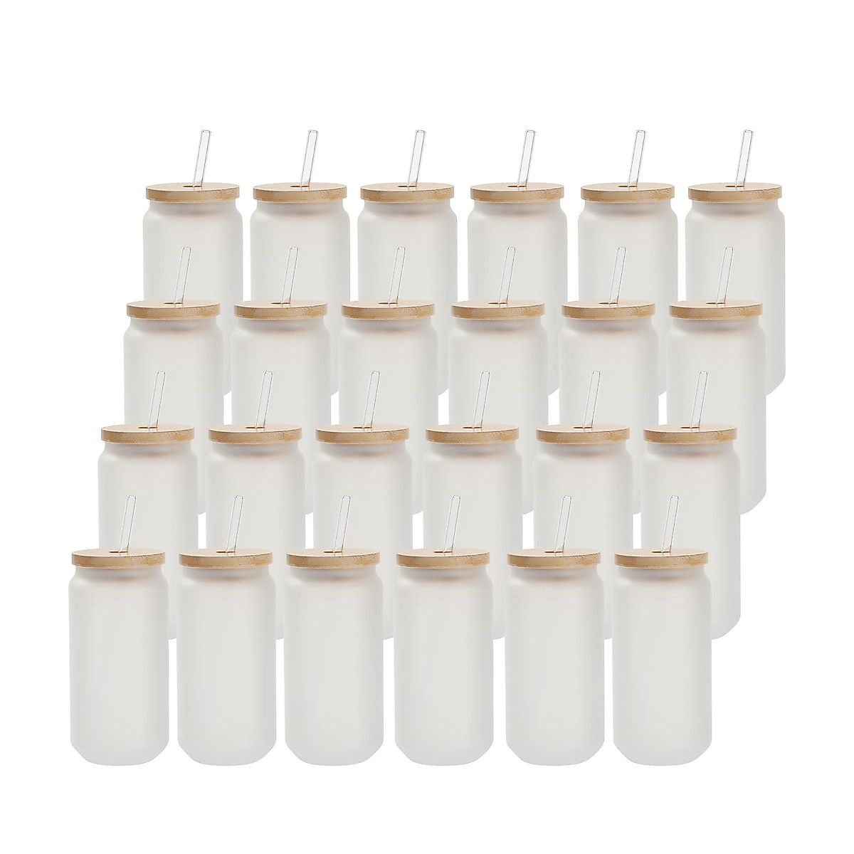 PYD Life 24 Pack Sublimation Glass Blanks Beer Can Tumbler Bulk 18 OZ Frosted Glass Cups with Bamboo Lid and Glass Straw Wide Mouth Jar Tumbler Cups Mugs for Tumbler Heat Press
