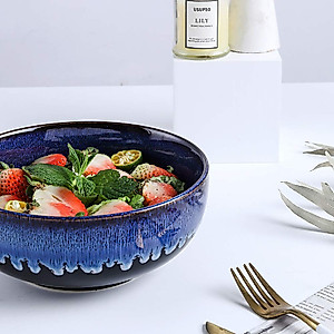 KOOV 58 oz Salad Bowls, Ceramic Bowl Set, Stackable Soup Bowls, Large Bowls, Reactive Glaze Set of 3 (Nebule Aegean)