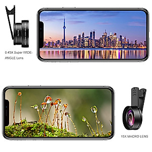 Criacr Phone Camera Lens, 0.45X Super Wide Angle Lens, 15X Macro Lens, Clip-On 2 in 1 Professional for iPhone Lens Kit for TIK Tok, Vlog, Yotube, Compatible with iPhone, Samsung, Google Pixel