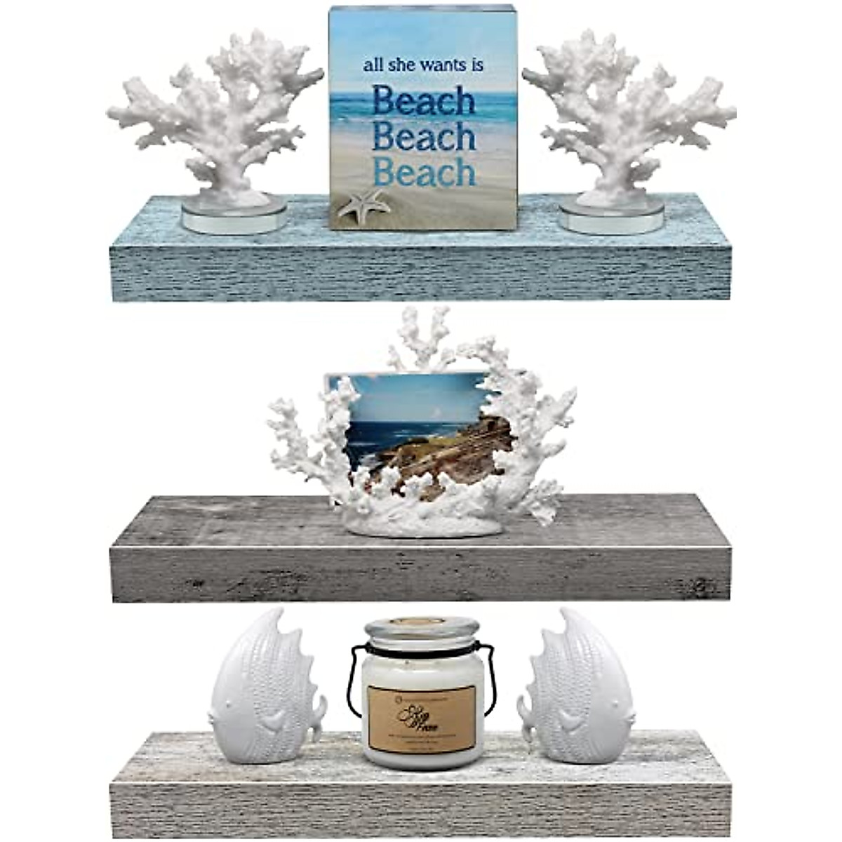 Sorbus Floating Shelves for Wall - 3 Pack Coastal Beach Wall Decor for Bedroom, Bathroom, Living Room, Office, Home & Kitchen - White/Grey/Blue Rustic Wood Hanging Wall Shelf for Books, Frames, Trophy