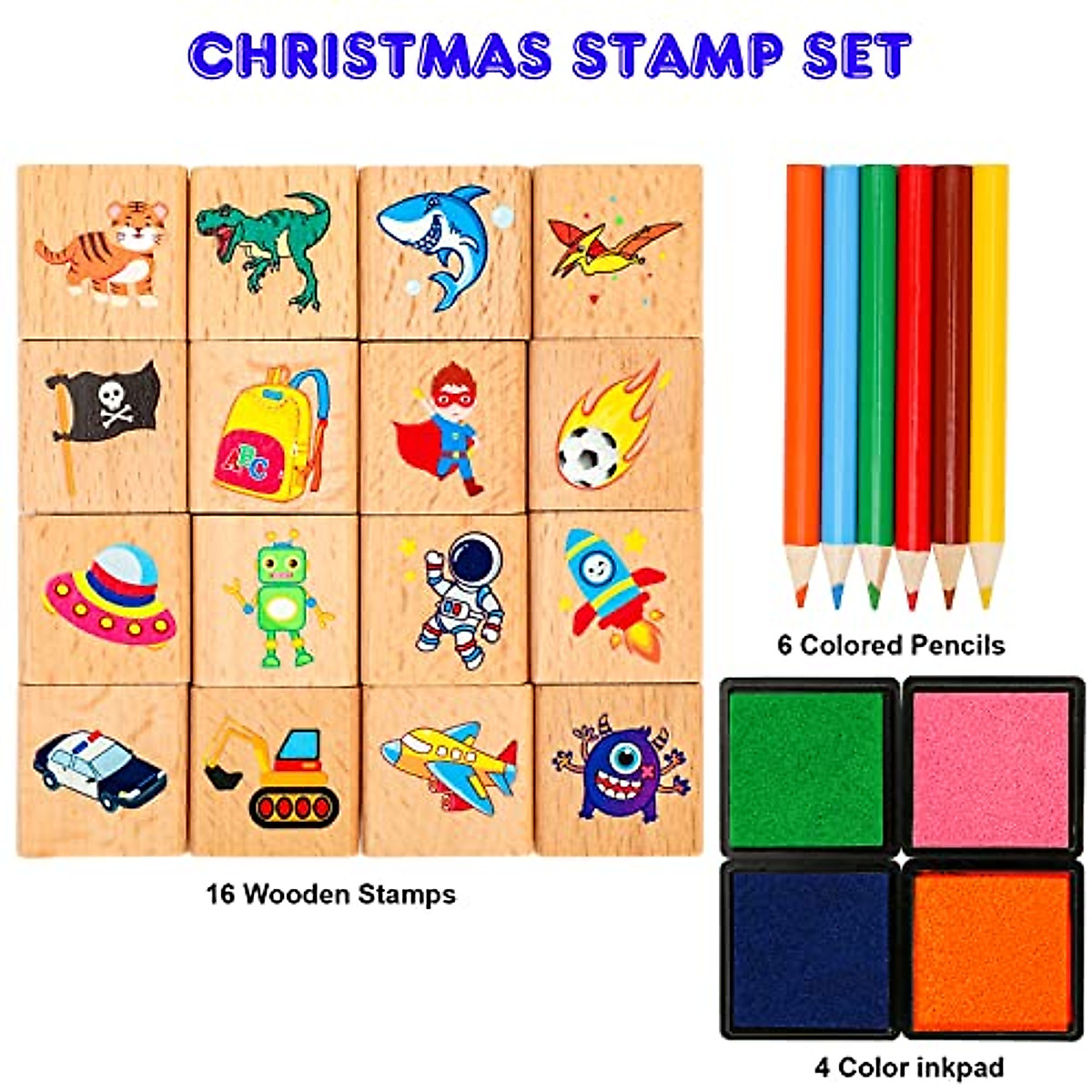 Zayvor Kids Stamps Set, Boy Wooden Rubber Stamp with Ink Pad Colored Pencil, Holiday Square Craft Stamp for Stamping Scrapbooking Crafting Booking Card Making Stocking Filler,Party Favor Gift