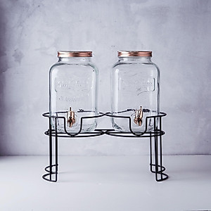 Efavormart Set of 2 Glass Beverage Dispenser with Spigot Metal Lid and One Black Stand - 2 Gallon, Wide Mouth Easy Filling