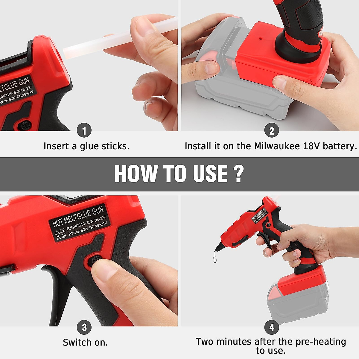Cordless Hot Glue Gun for Milwaukee 18V M18 Battery, Hot Glue Gun Kit for Milwaukee Tools in Crafting, Wood, PVC, Glass, Home Repair with 30 Pcs 0.27 * 5.9 inch Hot Glue Sticks (Battery Not Included)