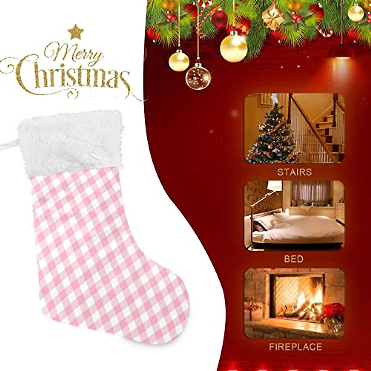 Kigai Christmas Stockings Pink Gingham Large Candy Stockings Stuffers Kids Cute Xmas Sock Decorations 2PCS for Home Holiday Party 12" x18"