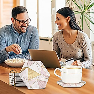 6 Pcs Pink Marble Coasters with Holder Gold Absorbent Drink Coasters Hexagon Cute Ceramic Table Coaster Set Decorative Bar Coasters Modern Coffee Cup Coasters