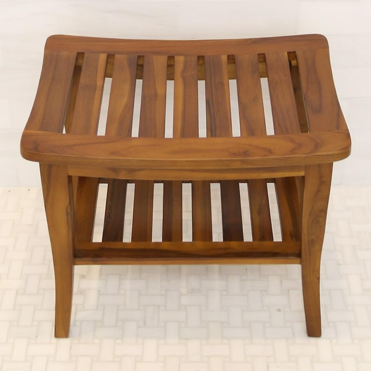 ORBIBA Teak Shower Bench with Storage Shelf, 20-Inch Wood Shower Seat for Indoor Outdoor Use - Fully Assembled,Small Bench Seat, Small Side Table Stool,Bathroom Stool Wood,Fully Assembled