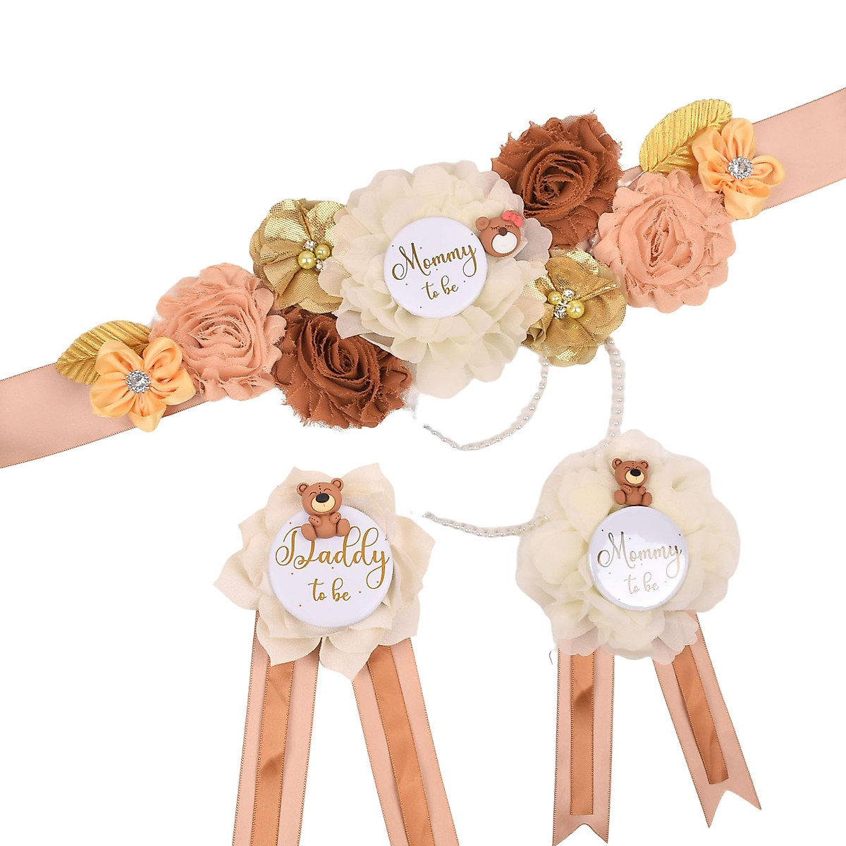 CheeseandU 4Pcs Baby Shower Sash Mommy and Daddy to Be Tinplate Badge, Sunflower Crown Garland Headband Pregnancy Sash Bee Flower Belly Belt Baby Shower Party Decorations for Maternity Gift Favour