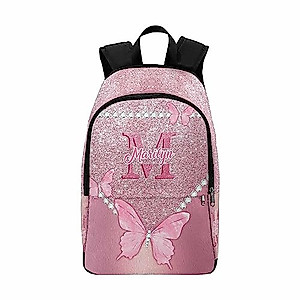 Personalized School Backpack with Name Text Pink Butterfly Diamond Custom Bookbag for Kids Boys Girls, Waterproof Elementary Customize Book Bag with Adjustable Shoulder Straps for School Travel